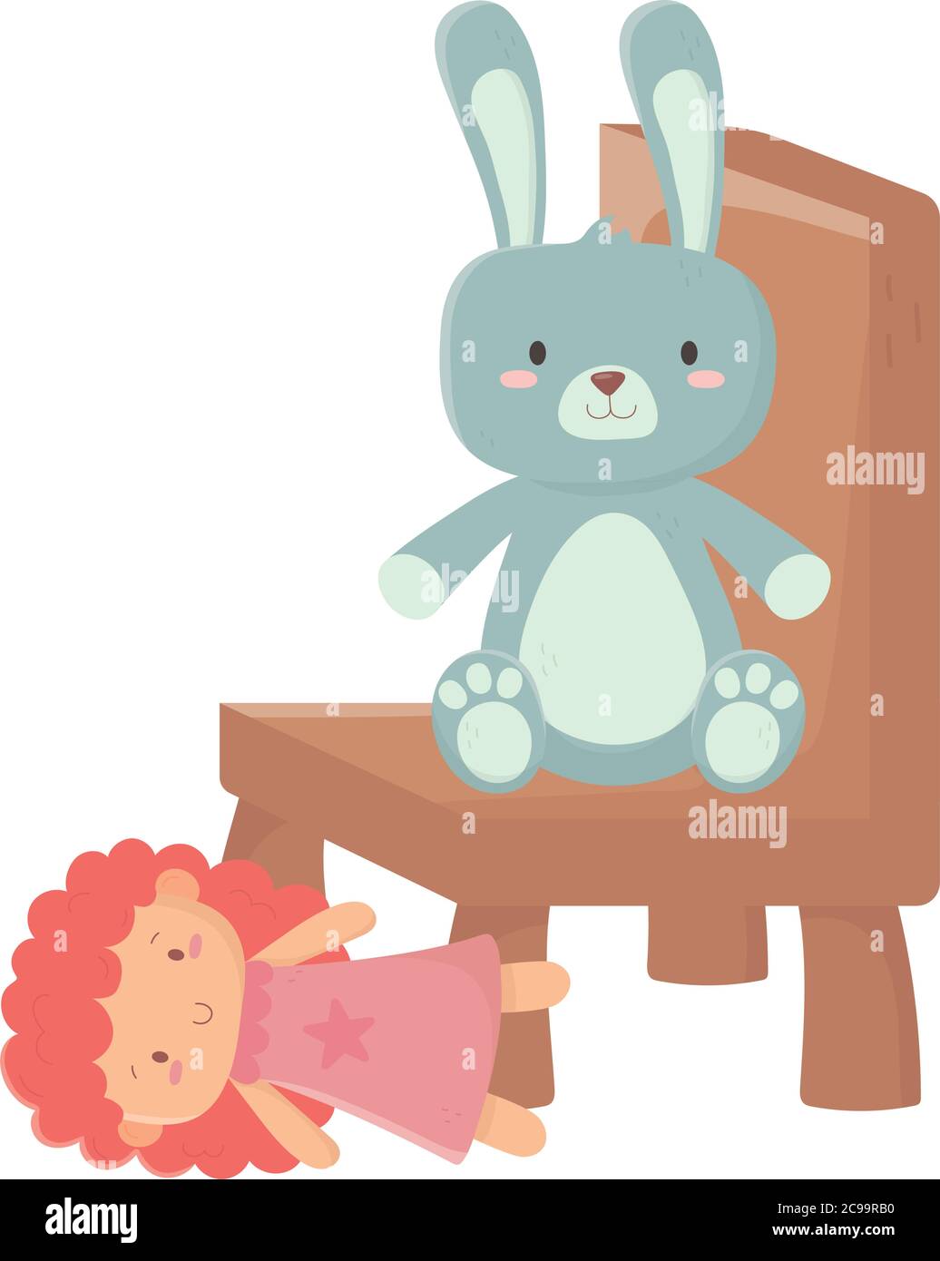 kids toys wooden chair with rabbit and doll object amusing cartoon ...