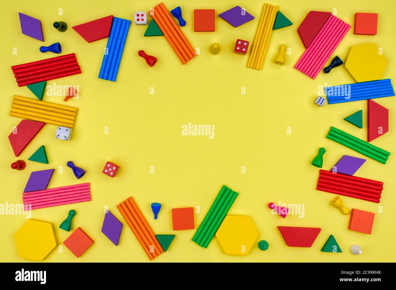 Geometric shapes, sticks for counting, chips and dice Stock Photo - Alamy