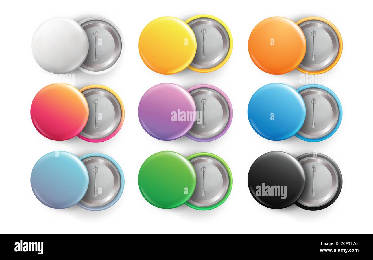 Blank badges set. Realistic shiny empty button badge front and back ...