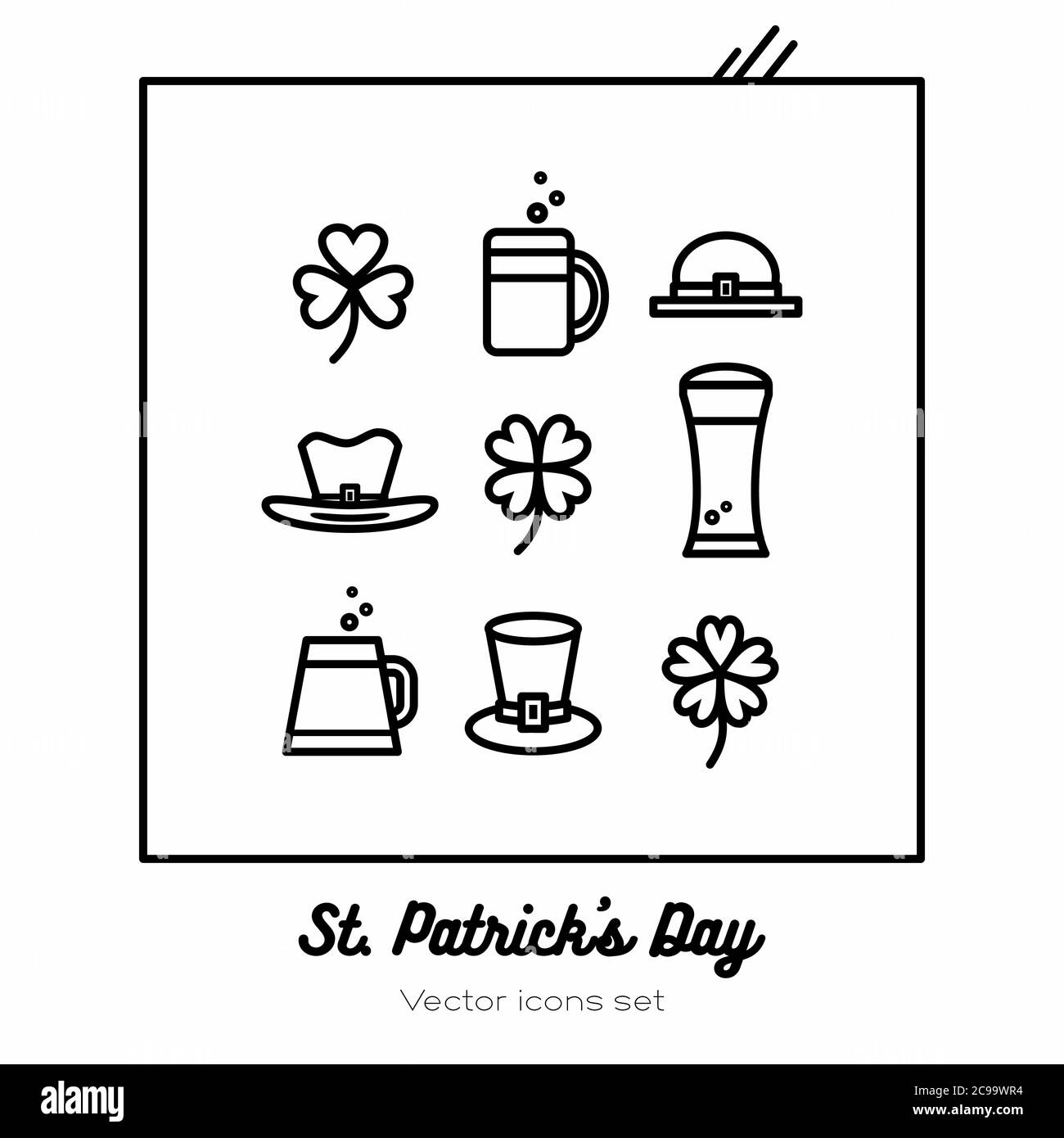 Saint Patricks day vector icons set. Black white line art flat icons ...