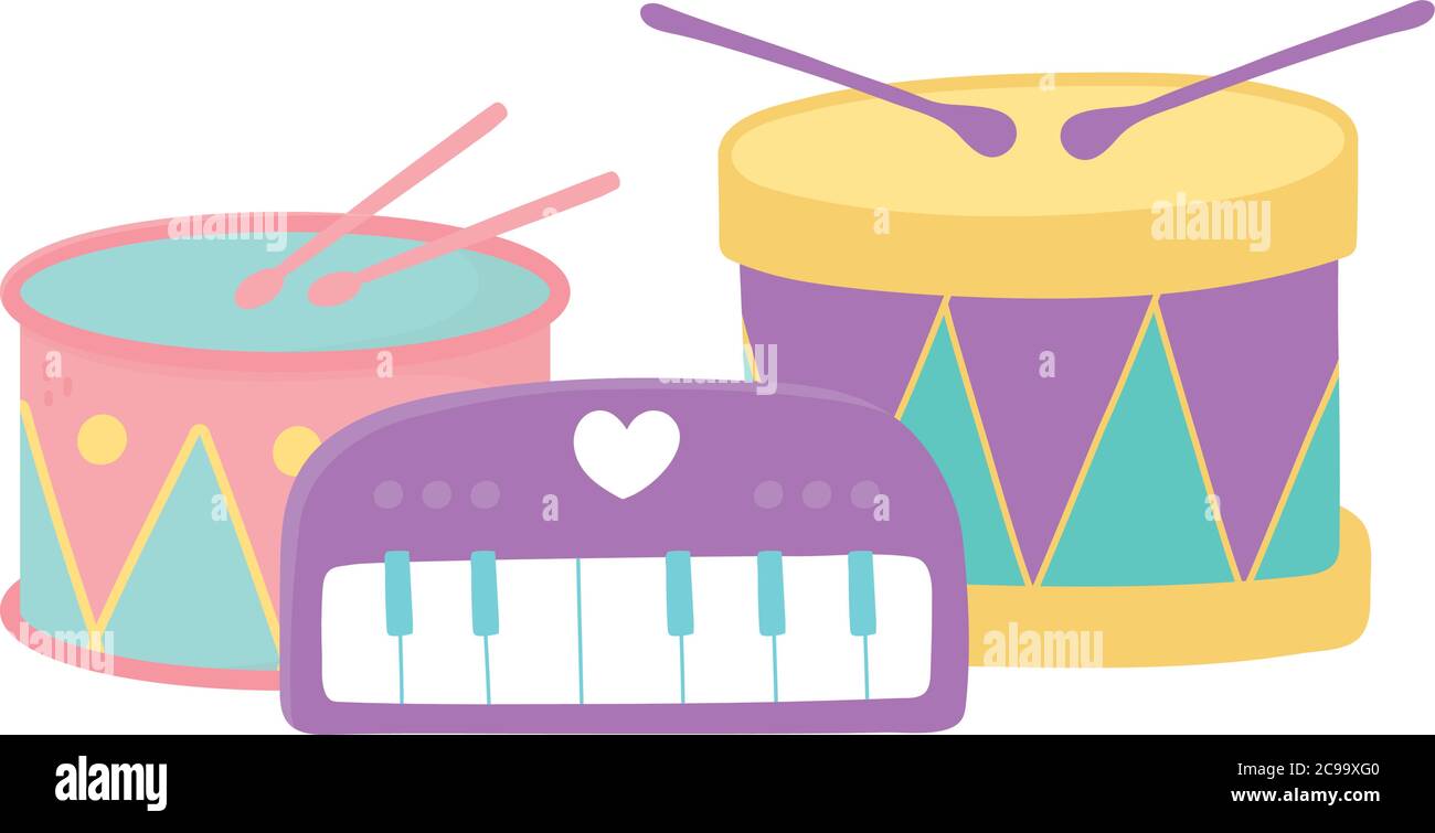kids toys drums piano and car object amusing cartoon vector ...