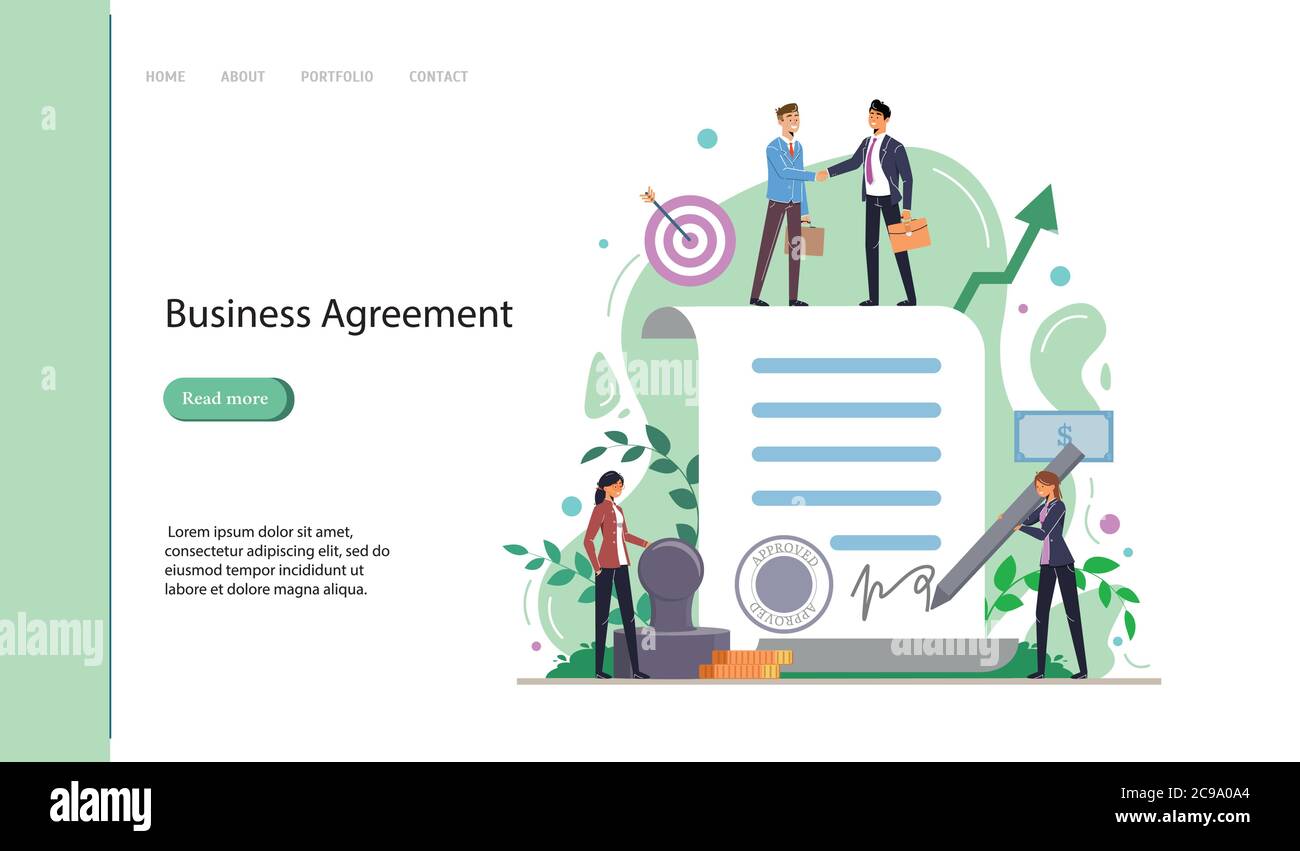 Business agreement. People standing on a signed contract. Vector ...