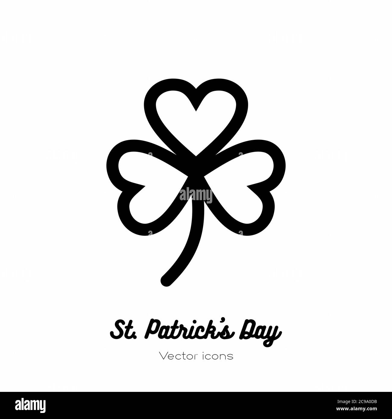 Saint Patricks day lucky clover, shamrock, trefoil vector icon. Black white line art flat icon ...