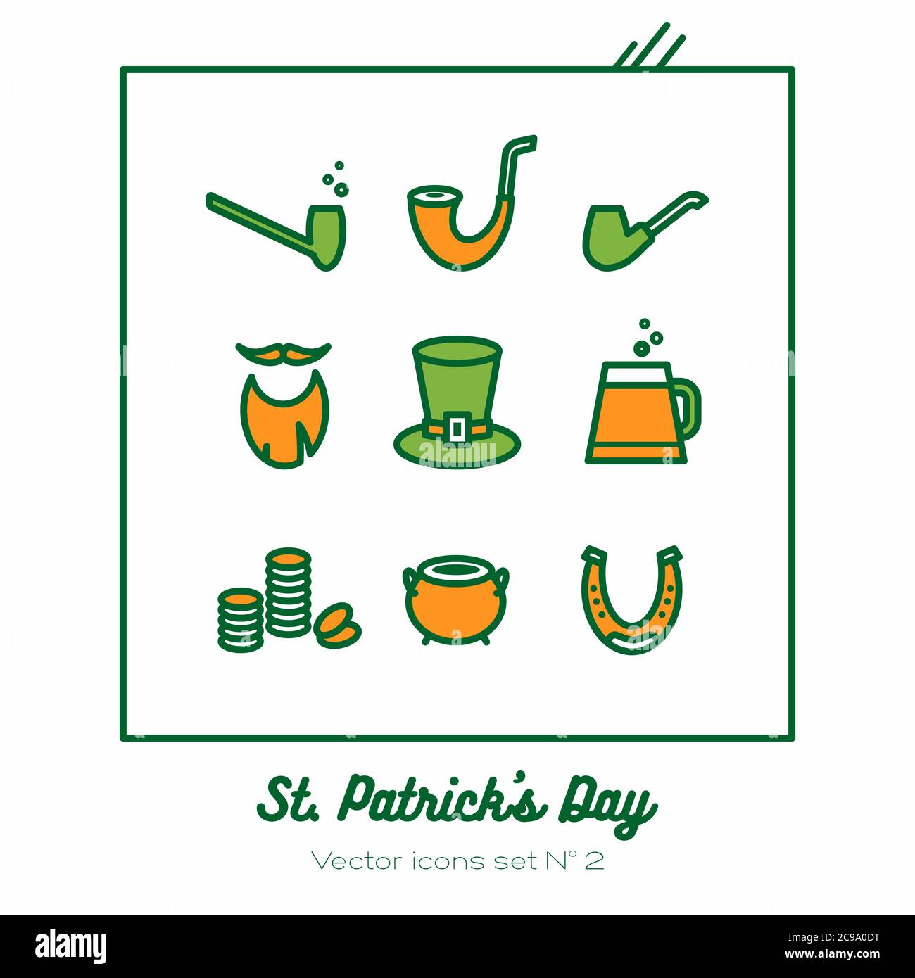 Saint Patricks day vector icons set. Green orange line art flat icons ...