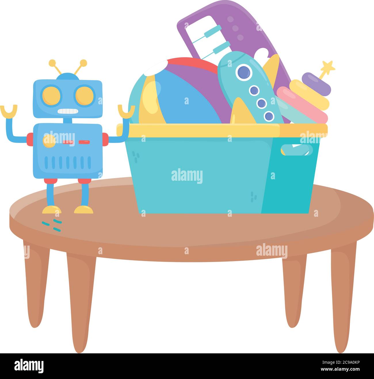 kids toys object amusing cartoon table with robot plane piano and ball ...
