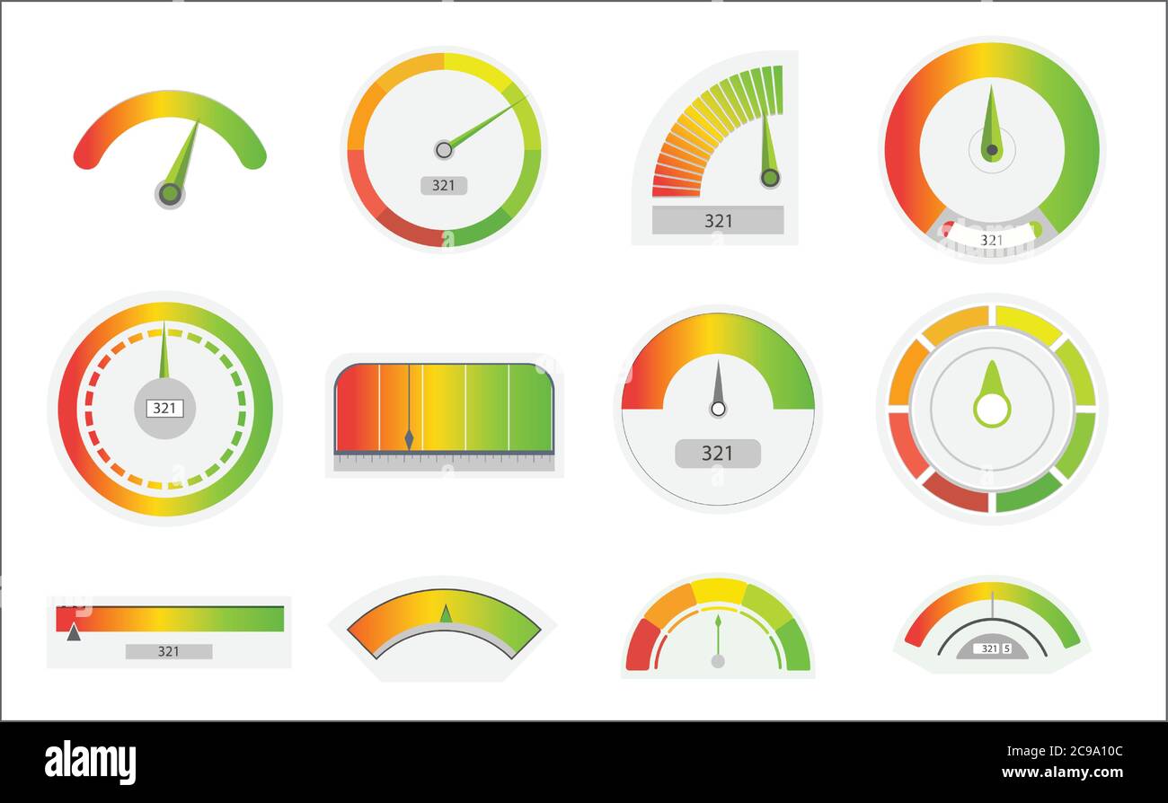 Business credit score speedometers. Credit score indicators with color ...