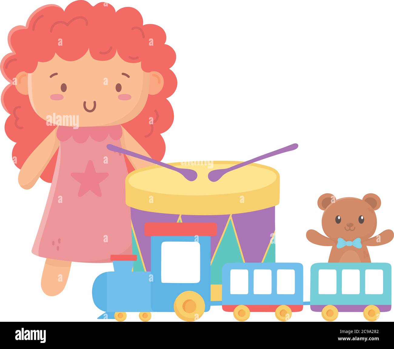 kids toys doll drum train and teddy bear object amusing cartoon vector ...