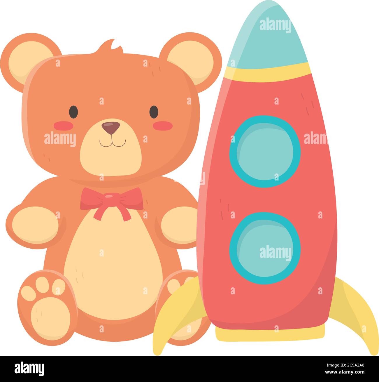 kids toys teddy bear and rocket object amusing cartoon vector ...