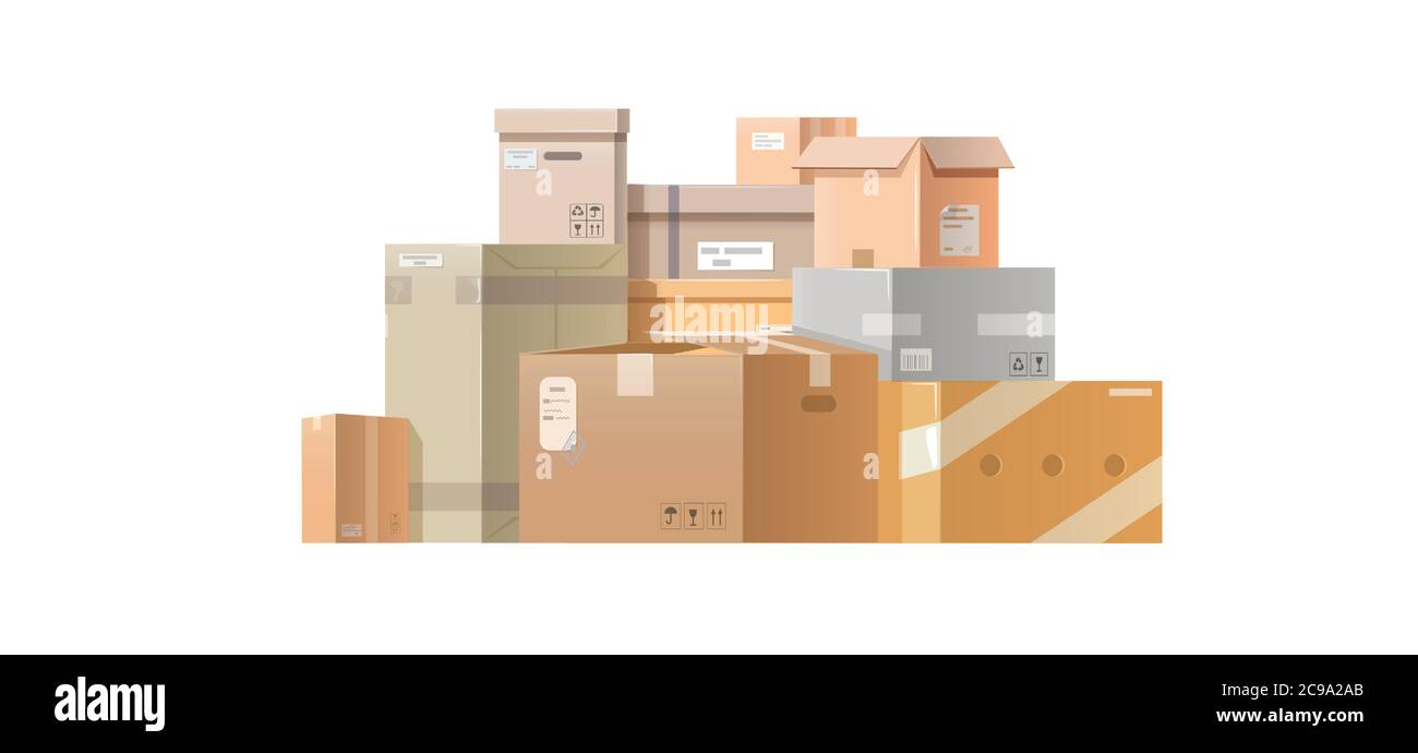 Pile cardboard boxes. Many cartons, boxes of different size. Flat style ...