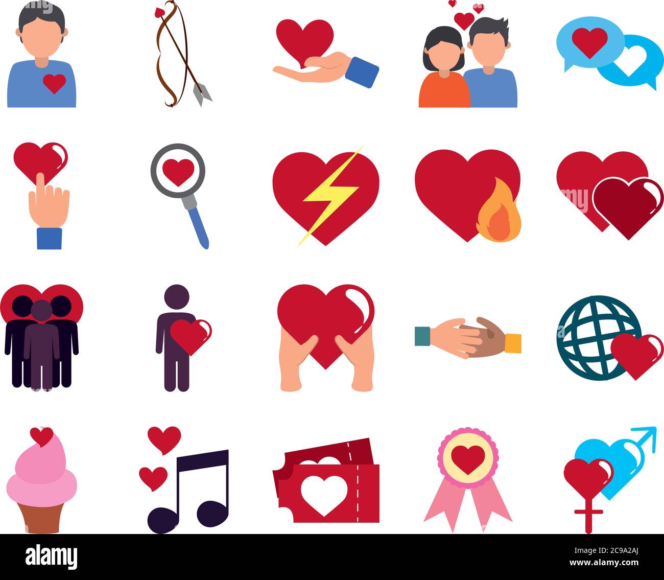 love heart romantic passion feeling message flat style icons set vector ...
