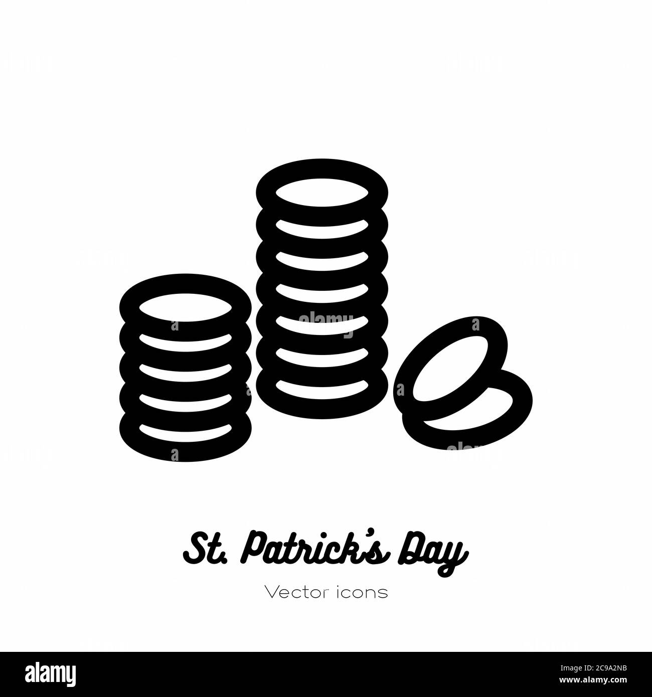 Saint Patricks day magic gold coins vector icon. Black white line art ...