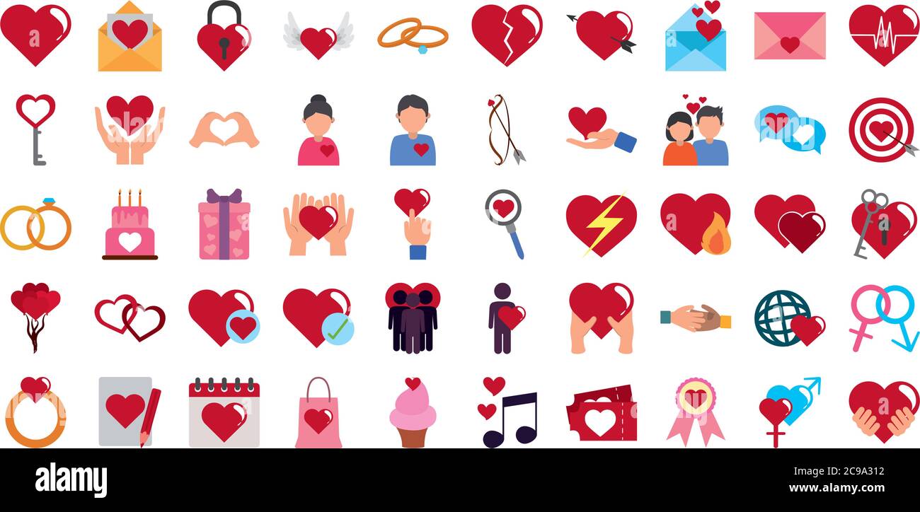 love heart romantic passion feeling message flat style icons set vector ...