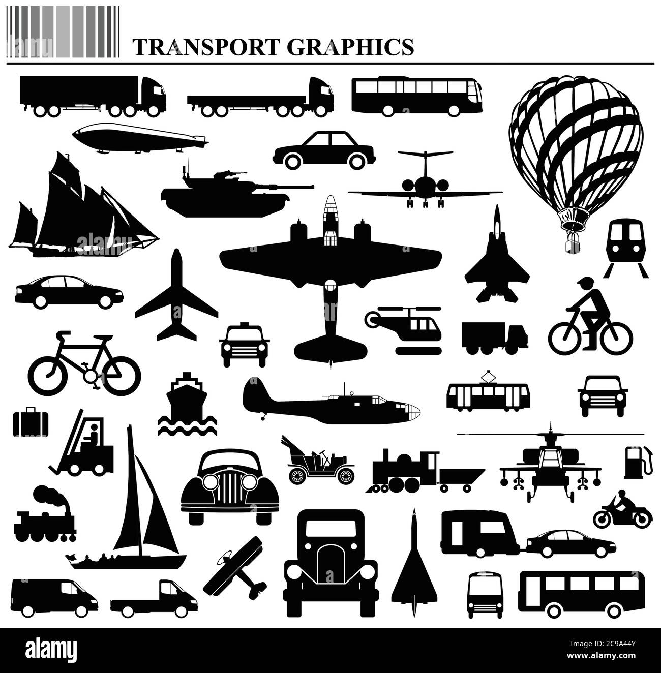 Modes of transportation graphic collection isolated on white background ...