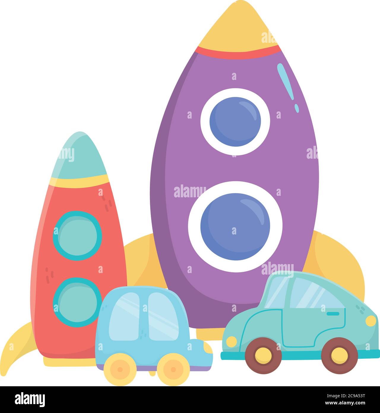 kids toys object amusing cartoon plastic rocket cars and train vector ...