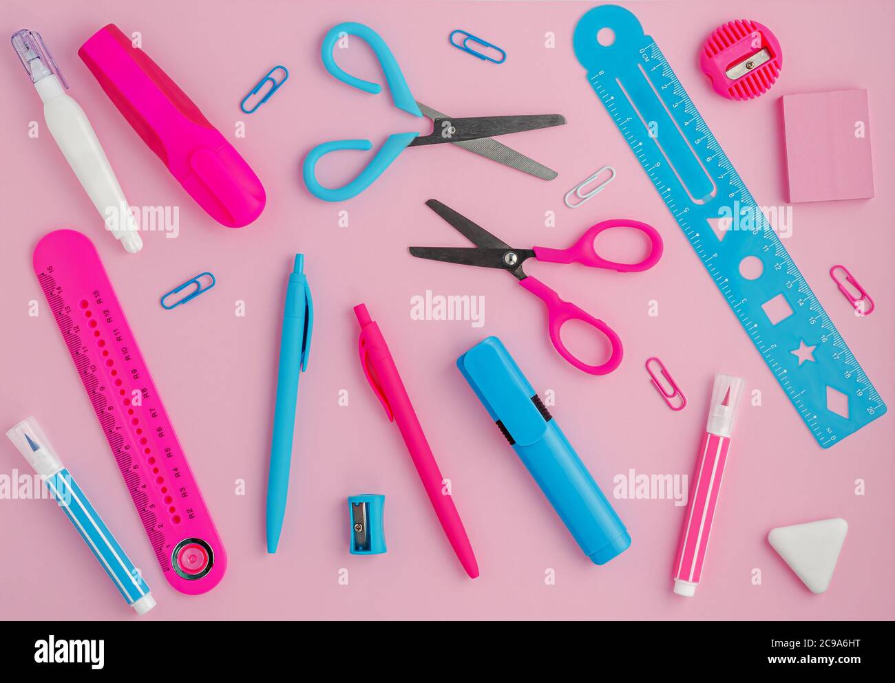 Stationery background on pink. School supplies, studying concept Stock ...