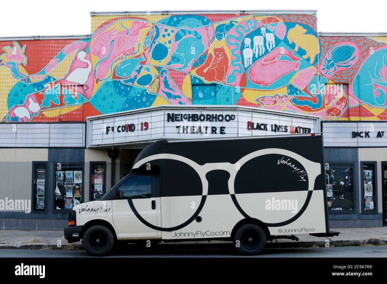 Neighborhood Theatre and Johnny Fly van in Charlotte NC Stock Photo - Alamy