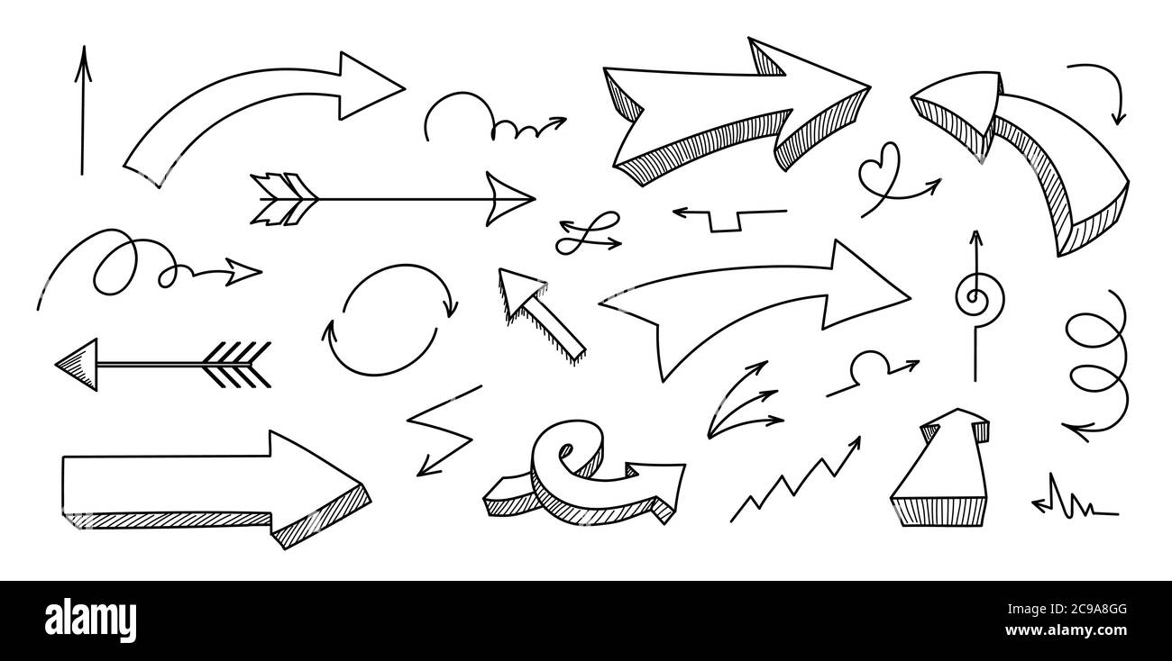 Set of hand drawn different decorative arrow. Arrow element drawn with ...