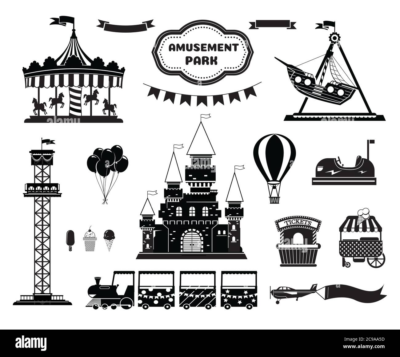 Amusement park silhouette icons set. Carnival funfair and ferris wheel ...