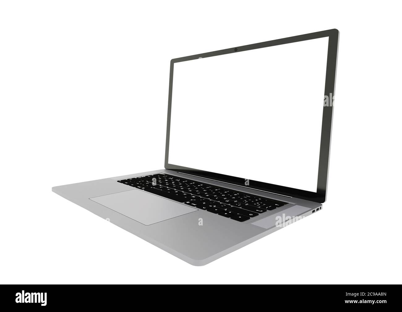 Silver laptop right side view with white screen isolated on white ...