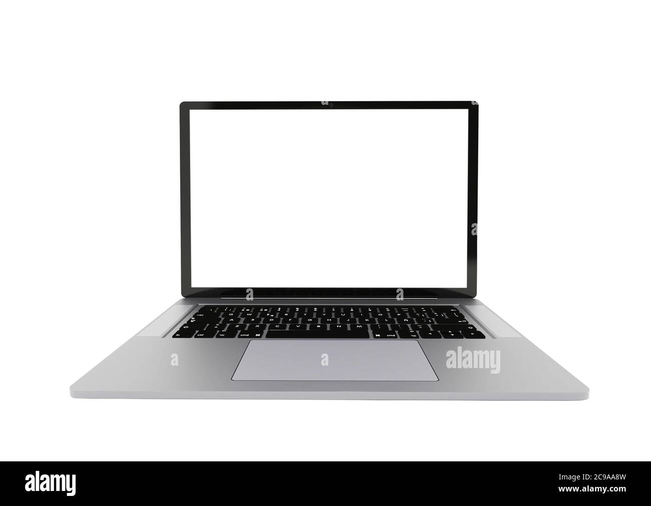 Silver laptop isolated, modern computer with white screen, isolated on ...