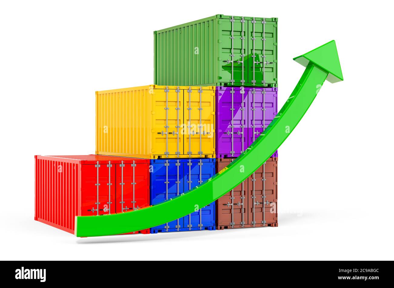 Cargo containers with growing green arrow. 3D rendering isolated on ...