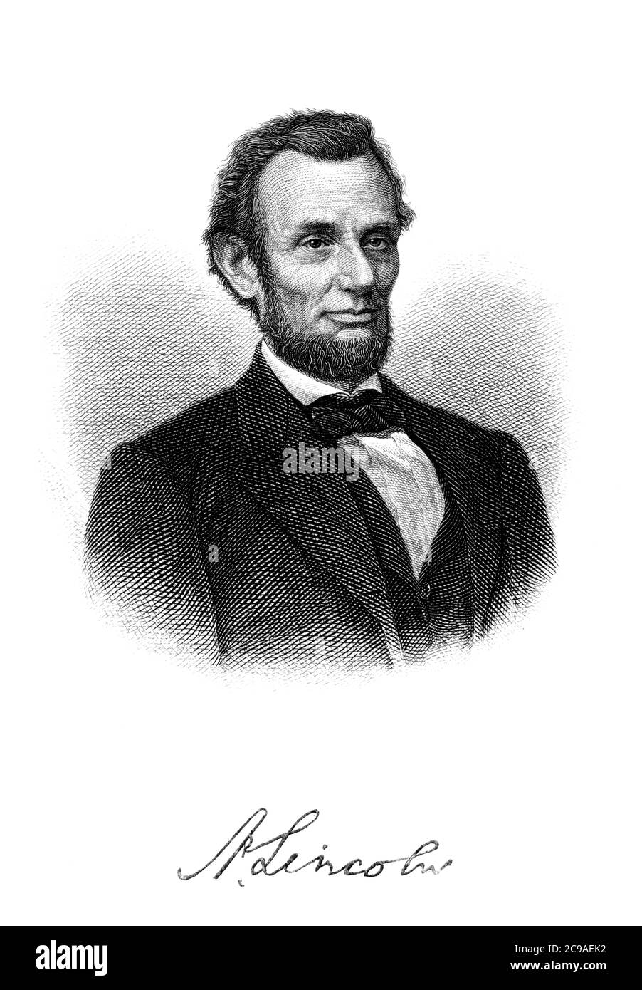 An engraved portrait image of the USA president Abraham Lincoln from a ...