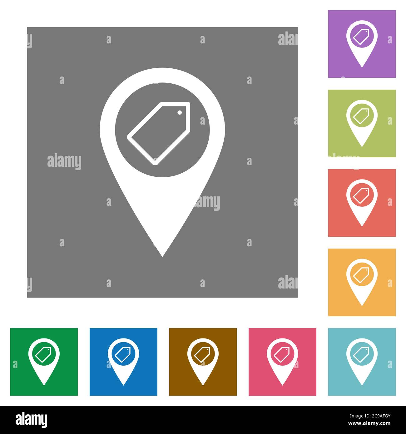 Tagging GPS map location flat icons on simple color square backgrounds ...