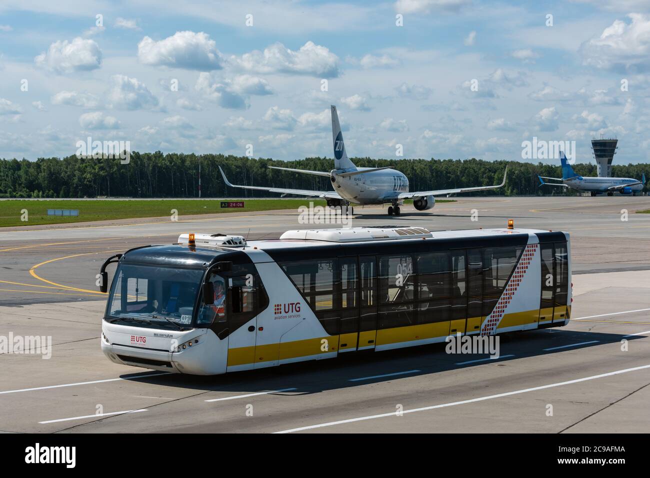 July 2, 2019 Moscow, Russia. Passenger bus at Vnukovo airport Stock ...