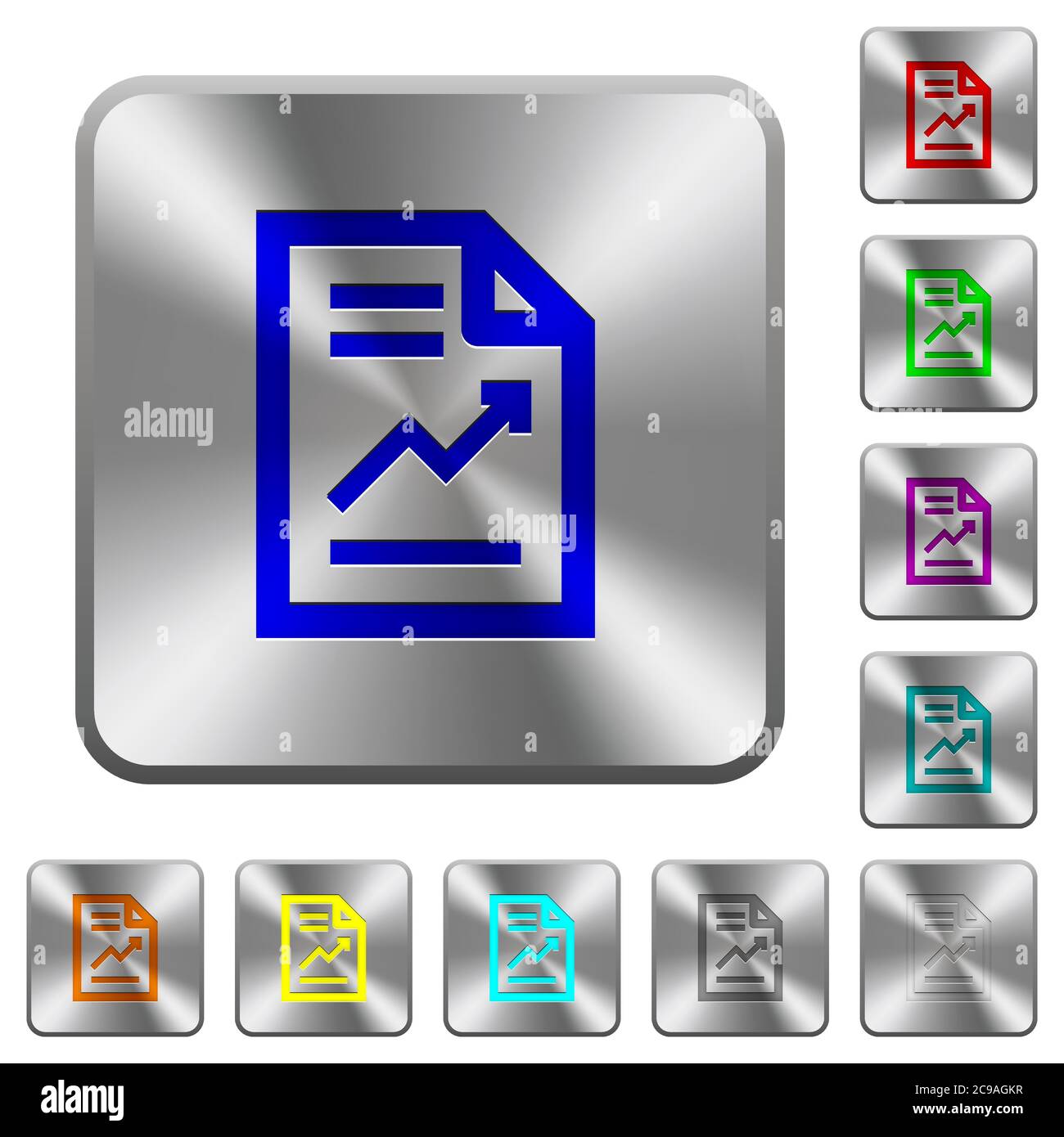 Report with graph engraved icons on rounded square glossy steel buttons ...