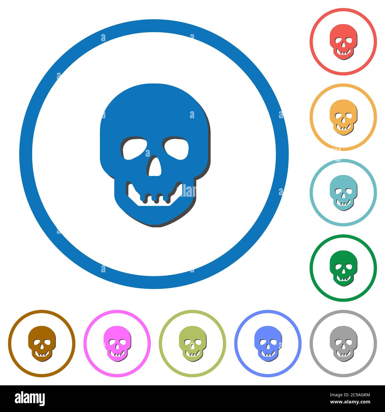 Human skull flat color vector icons with shadows in round outlines on ...