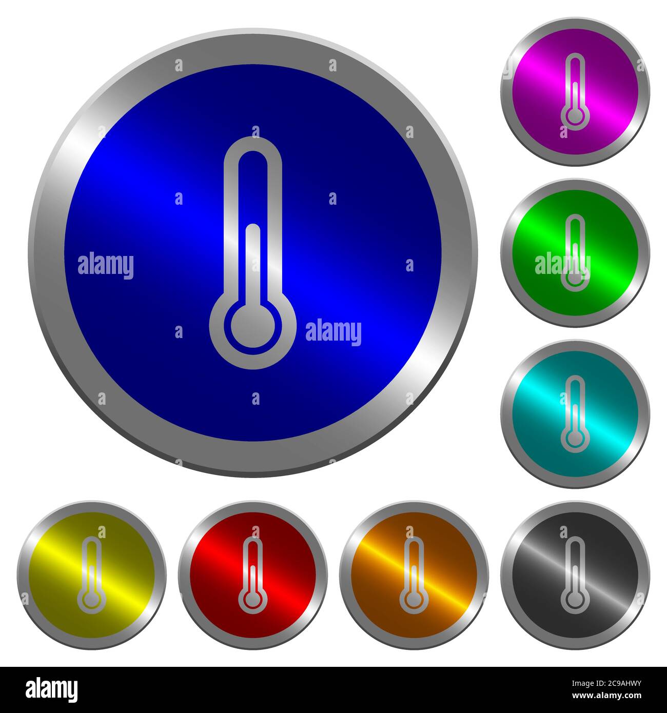 Thermometer icons on round luminous coin-like color steel buttons Stock ...