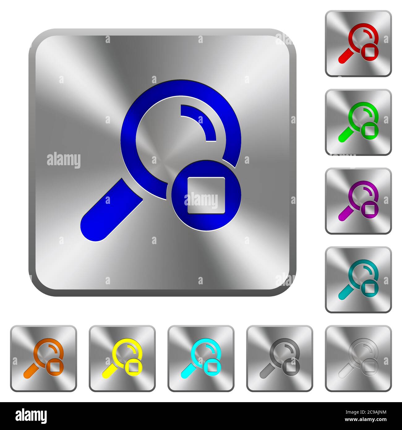 Stop search engraved icons on rounded square glossy steel buttons Stock ...