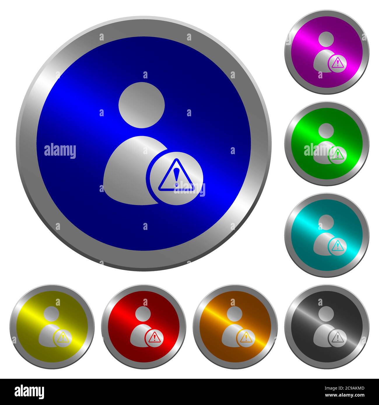 User account warning icons on round luminous coin-like color steel ...