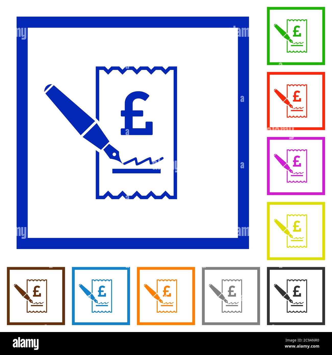 Signing Pound cheque flat color icons in square frames on white ...