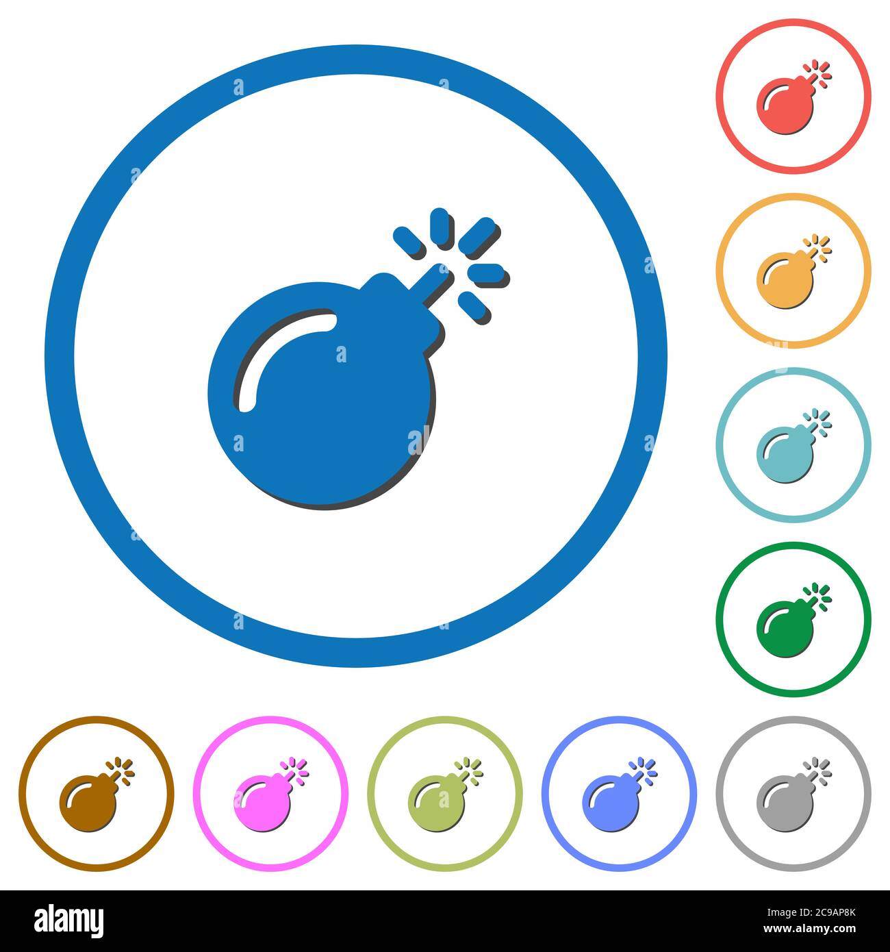 Bomb with sparkling fuse flat color vector icons with shadows in round ...