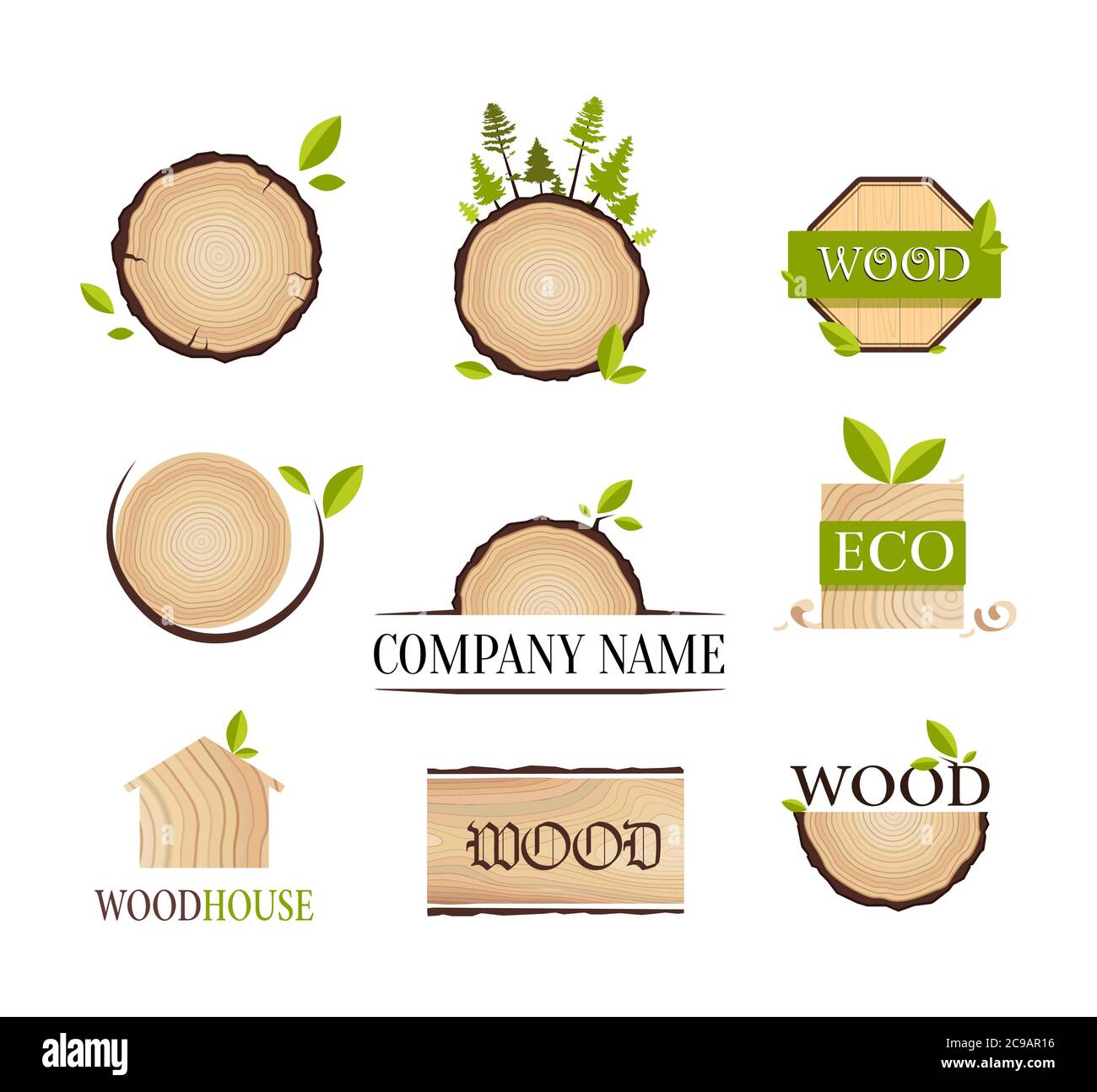 Wooden Eco labels, logo, stickers collection with green leaves Stock ...