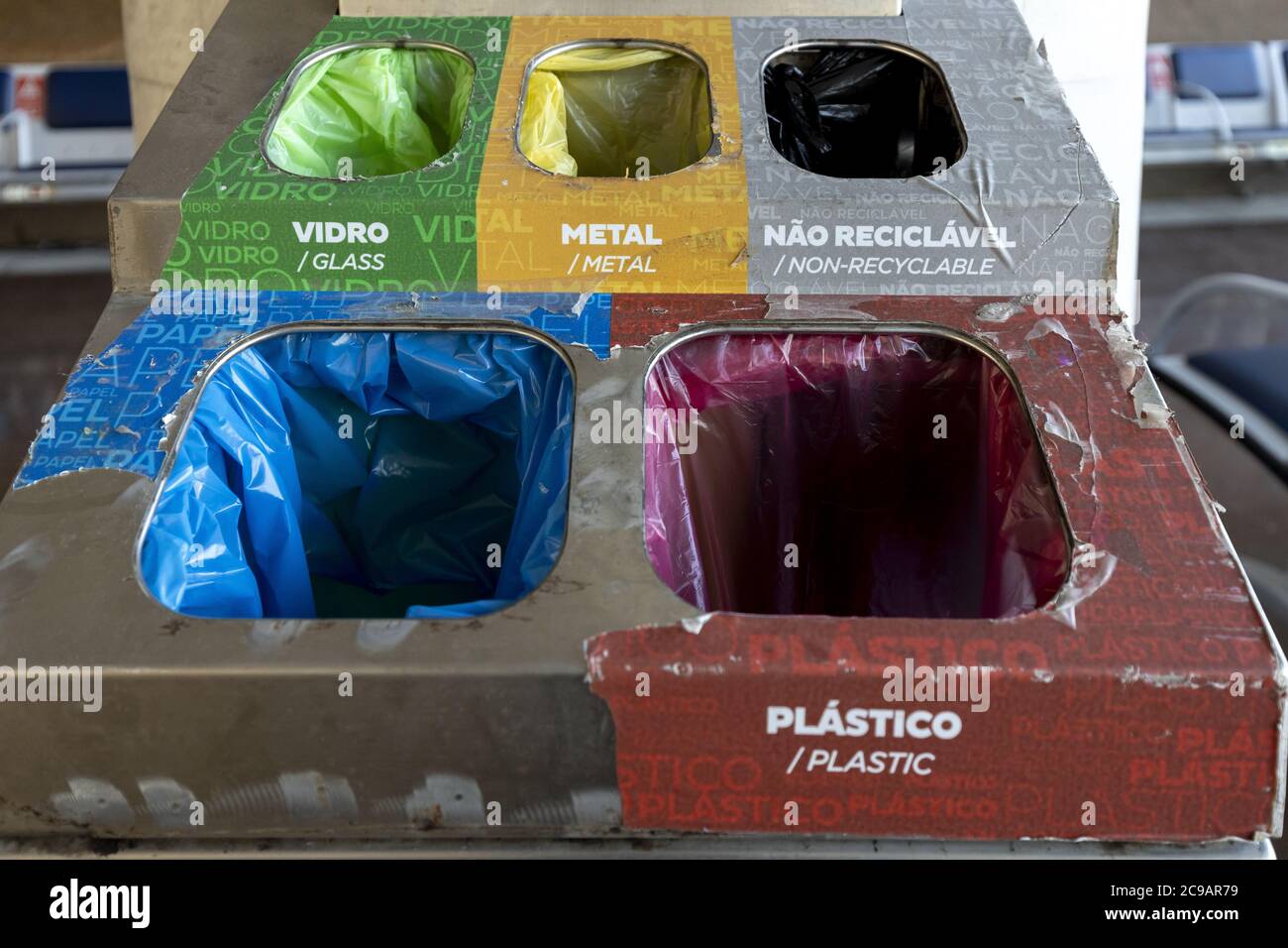 RIO DE JANEIRO, BRAZIL - Jul 11, 2020: Closeup of divided trash bins at ...