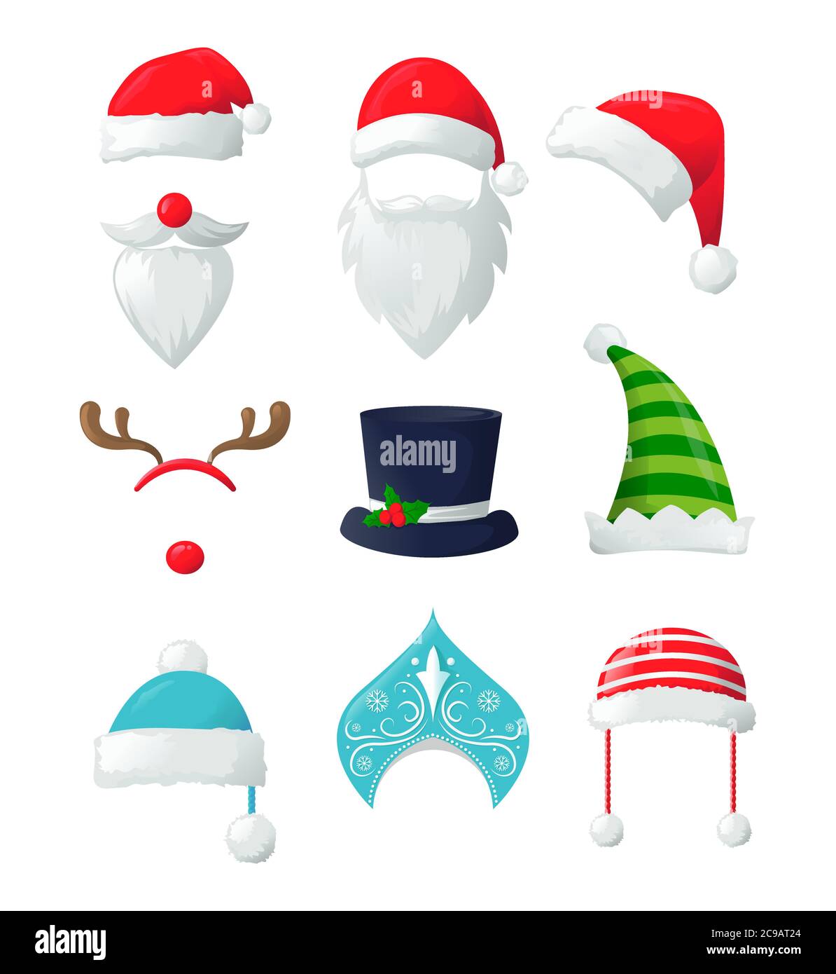Vector set of christmas hats, antlers, mustaches. Christmas photo booth ...