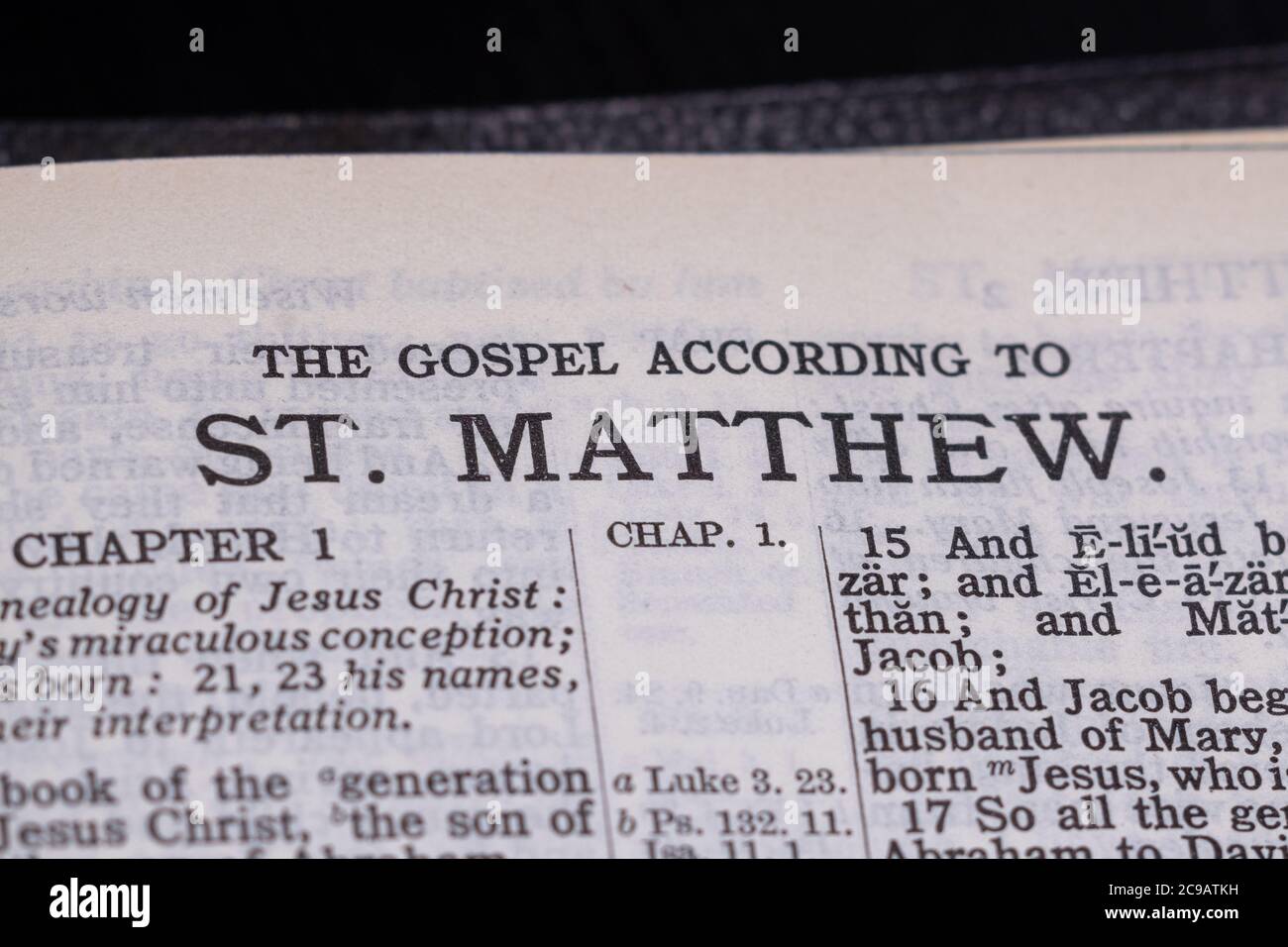 Bible open at the first page of the gospel according to Saint Matthew ...