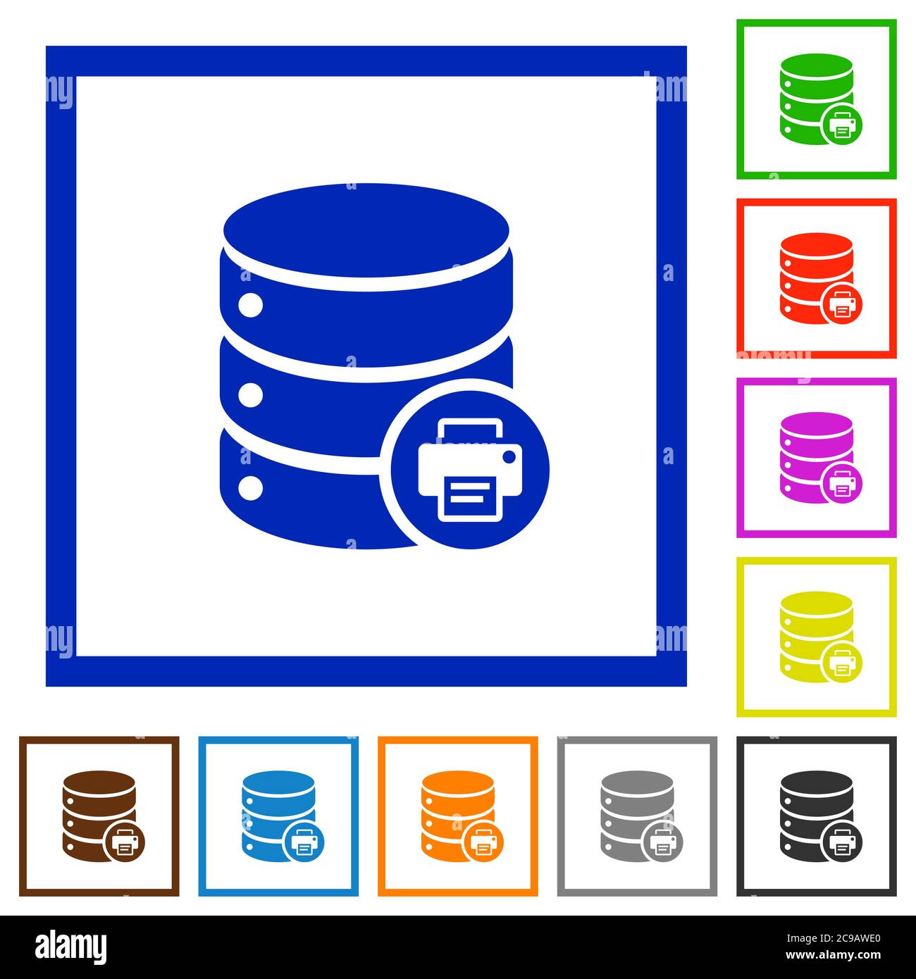 Print Database data flat color icons in square frames on white ...