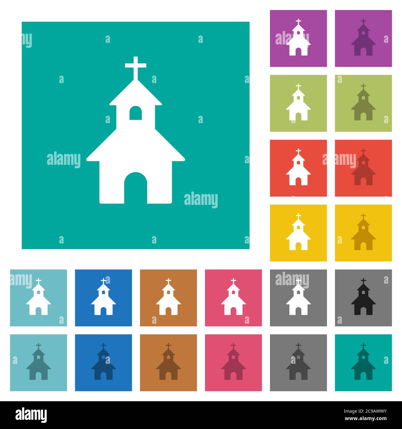 Curch multi colored flat icons on plain square backgrounds. Included ...