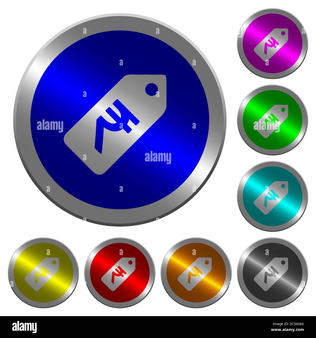 Indian Rupee price label icons on round luminous coin-like color steel ...
