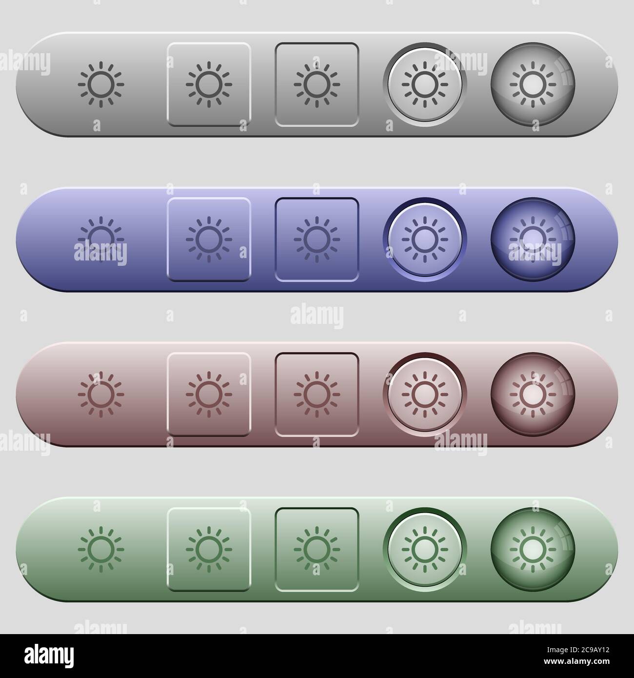 Brightness control icons on rounded horizontal menu bars in different colors and button styles ...