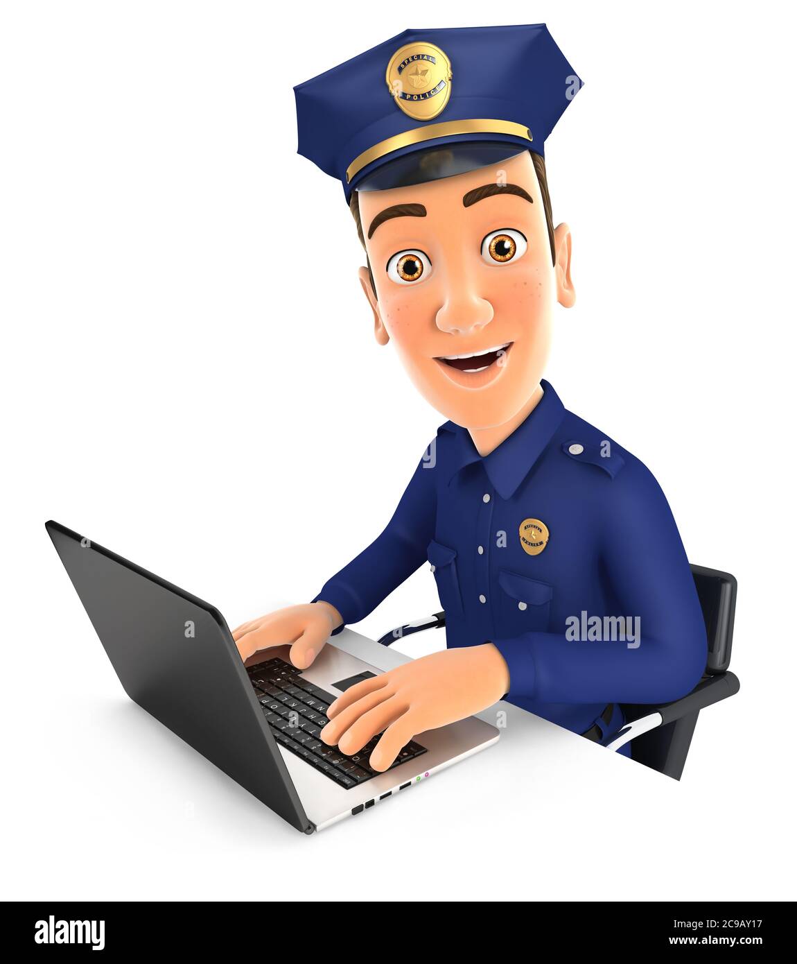 3d policeman working on laptop, illustration with isolated white ...
