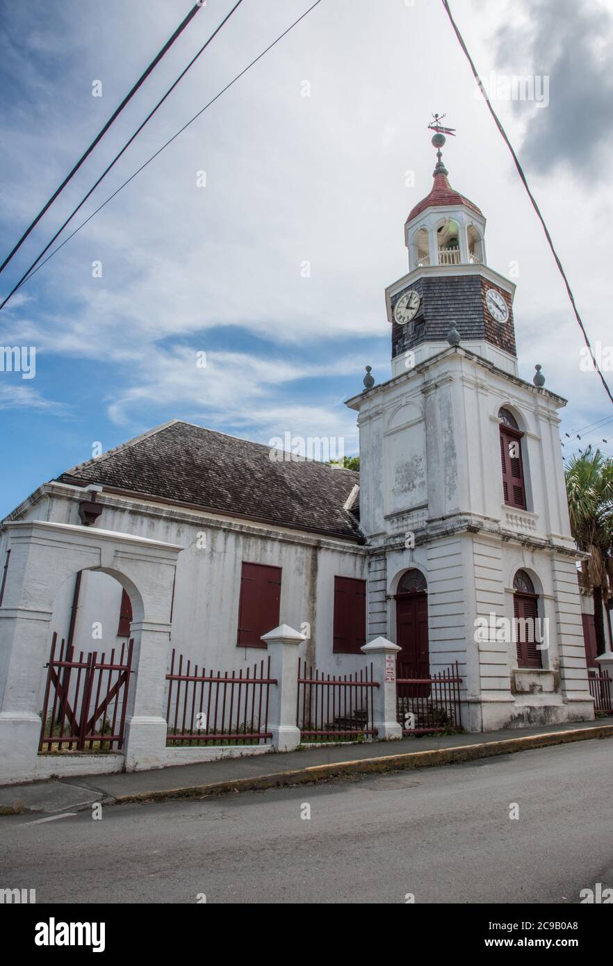 Christiansted, St. Croix, USVI-October 22,2019: Old steeple building ...