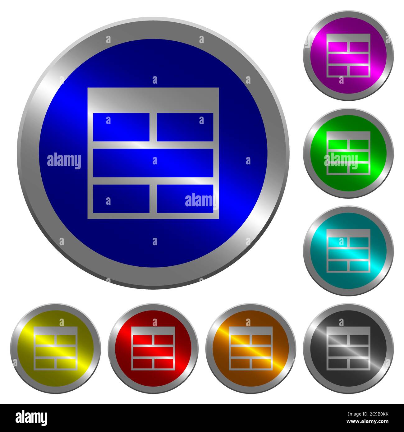 Spreadsheet horizontally merge table cells icons on round luminous coin-like color steel buttons ...