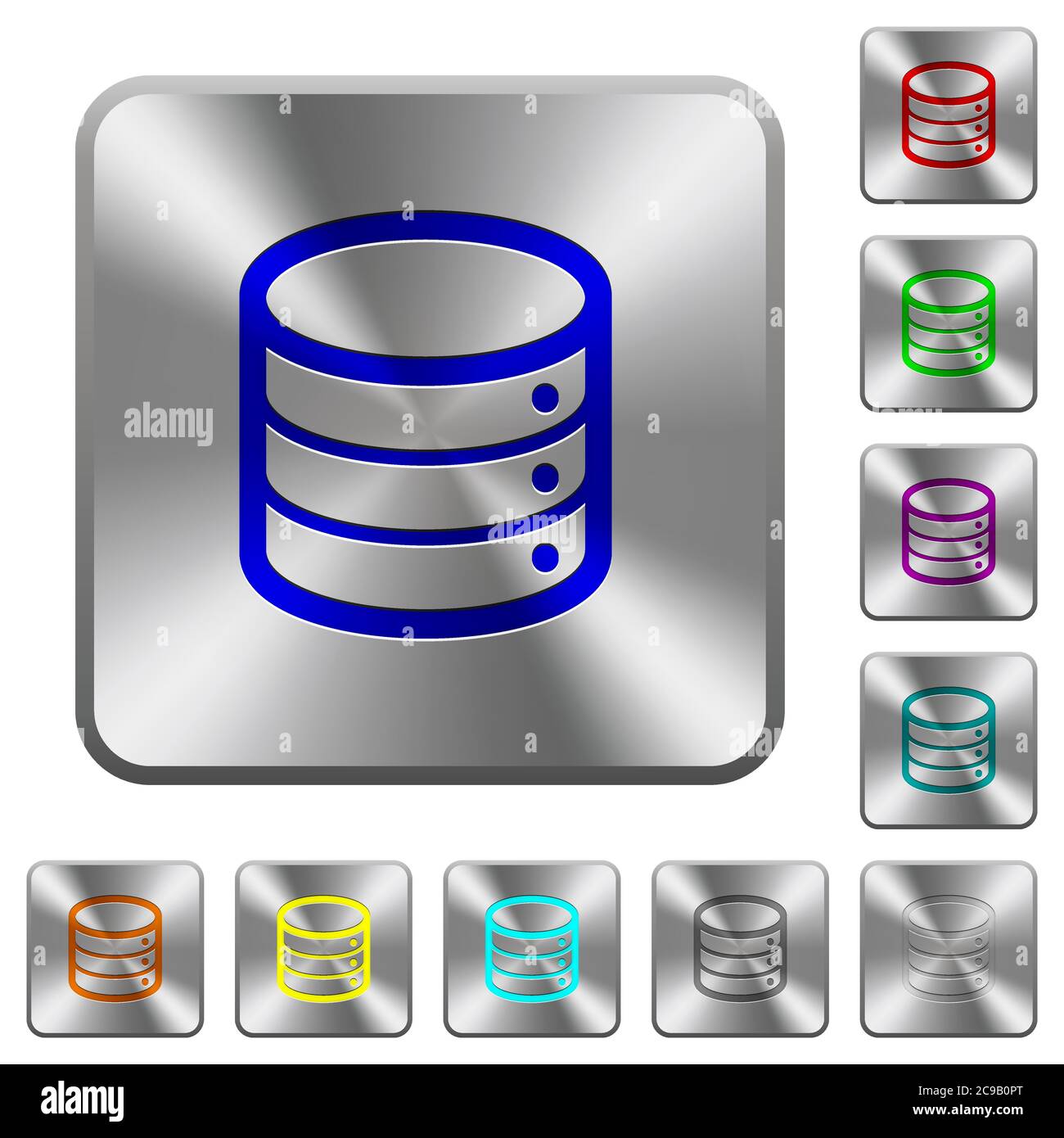 Signle database engraved icons on rounded square glossy steel buttons ...