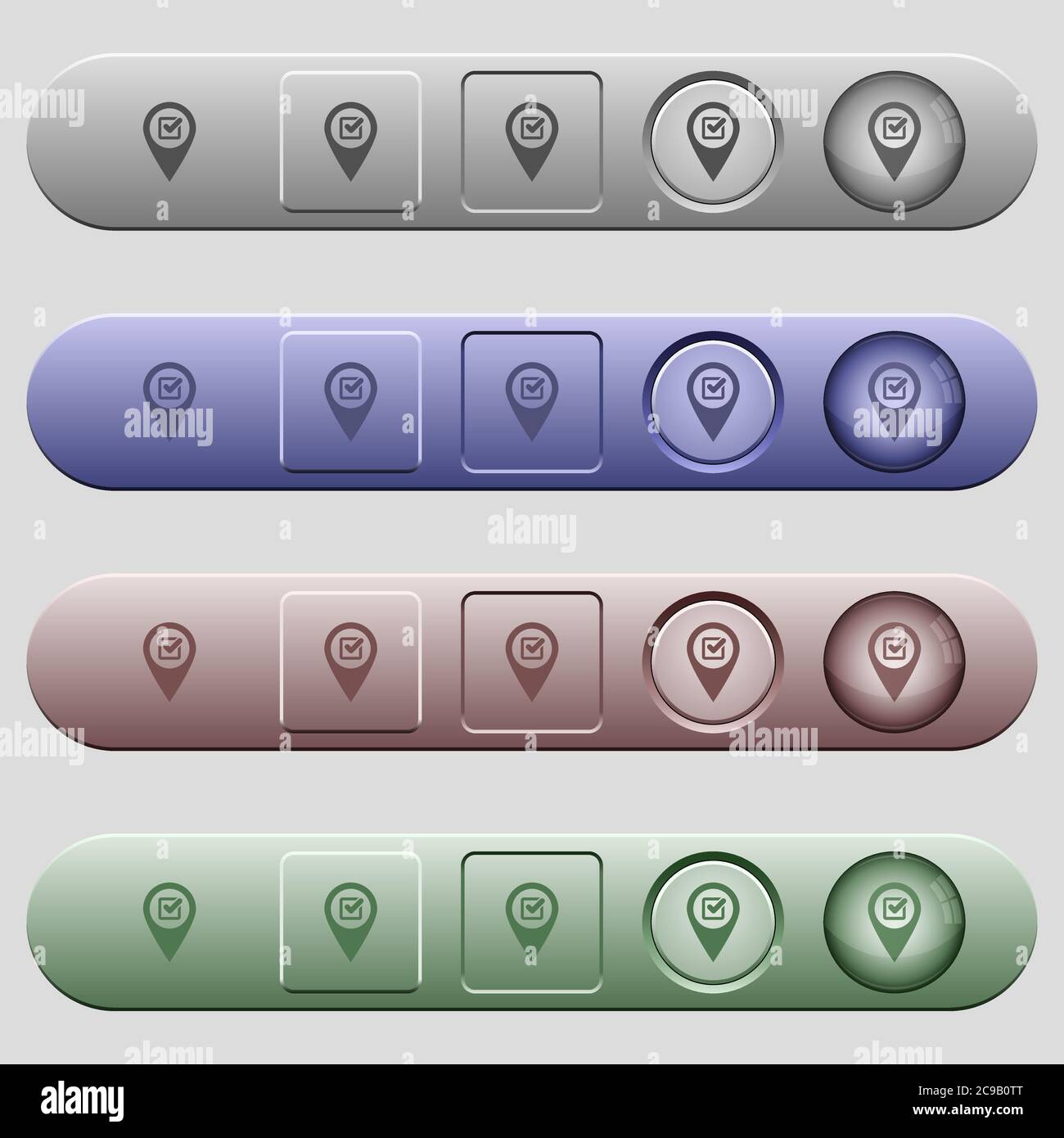 Checkpoint GPS map location icons on rounded horizontal menu bars in different colors and button ...