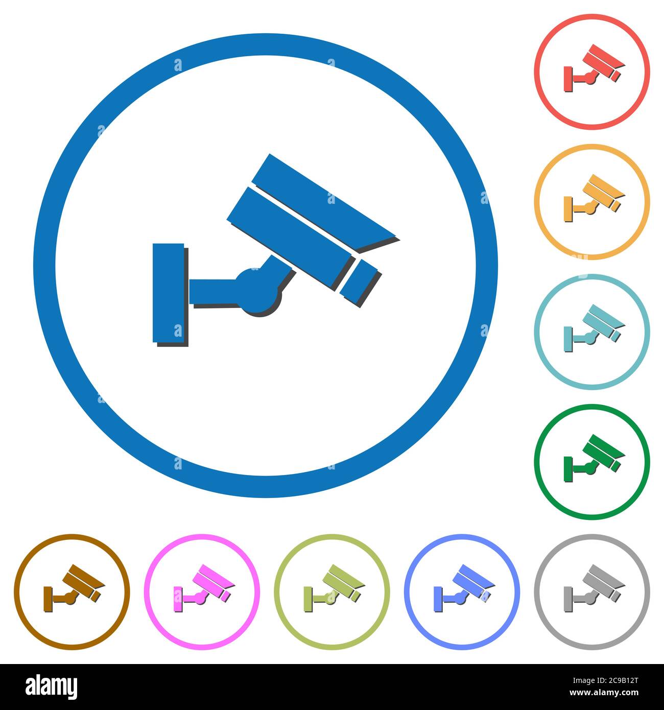 Security camera flat color vector icons with shadows in round outlines ...