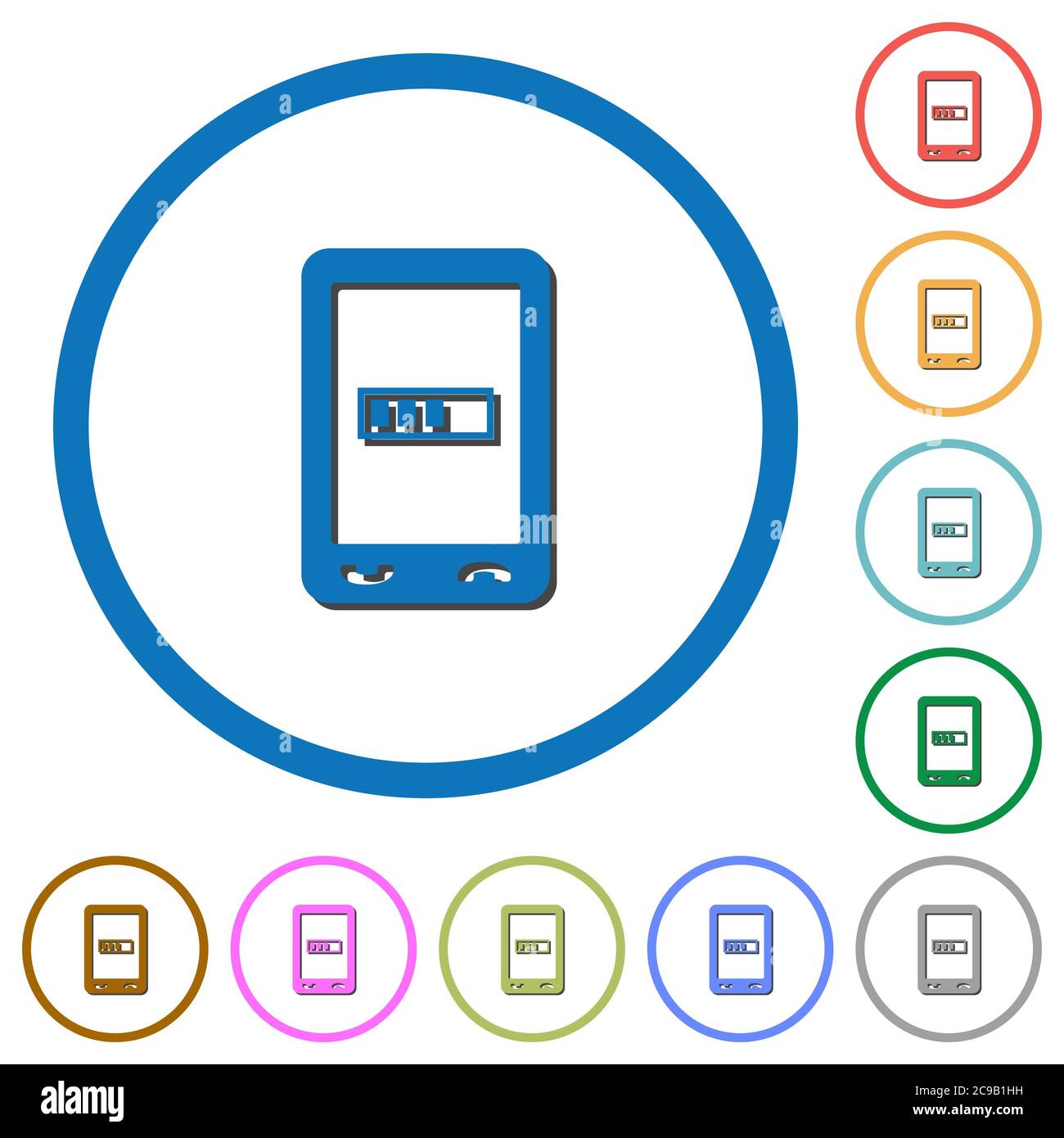 Mobile processing flat color vector icons with shadows in round ...